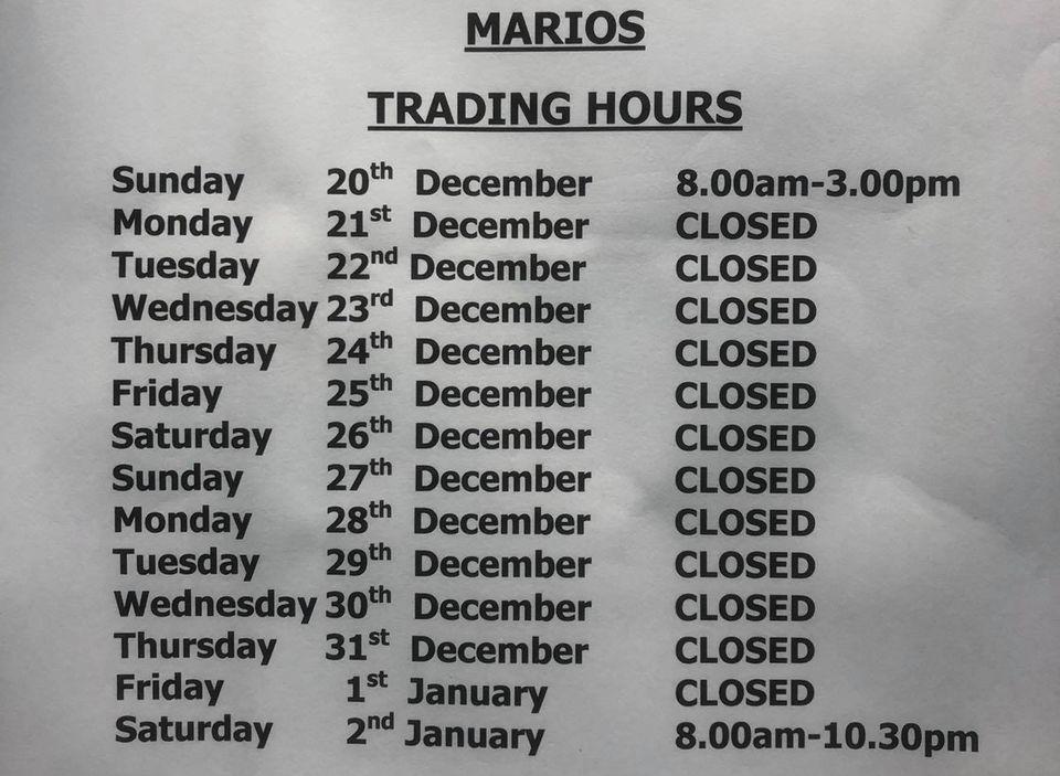 Menu at Marios restaurant, Fitzroy