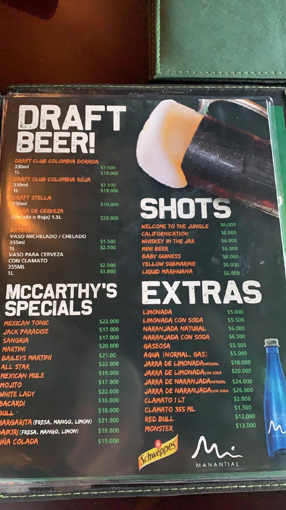 Menu at McCarthy’s Irish Pub Bogotá - Zona Rosa, Bogotá