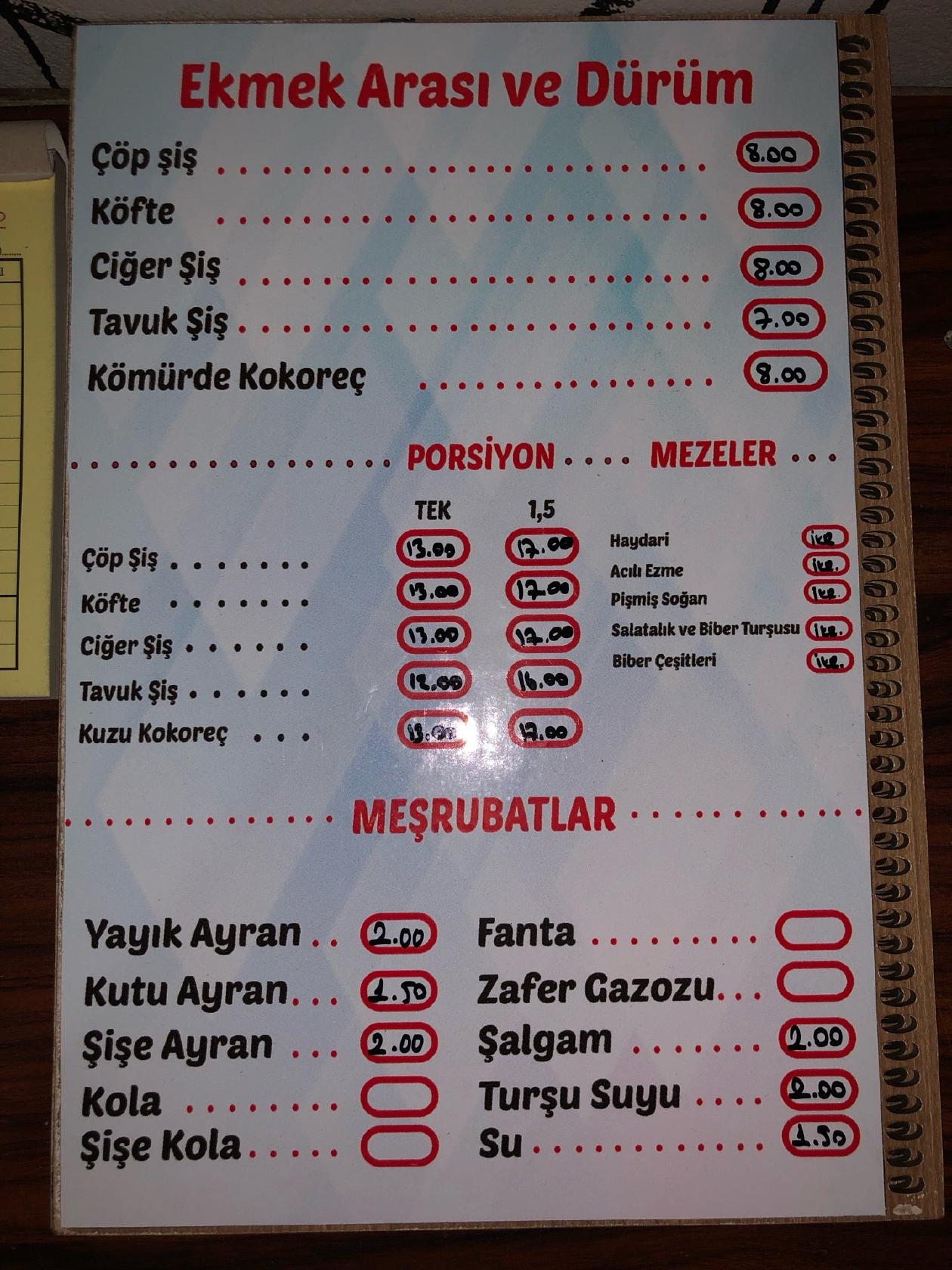 Menu at Şiş-Ko Izgara, Denizli