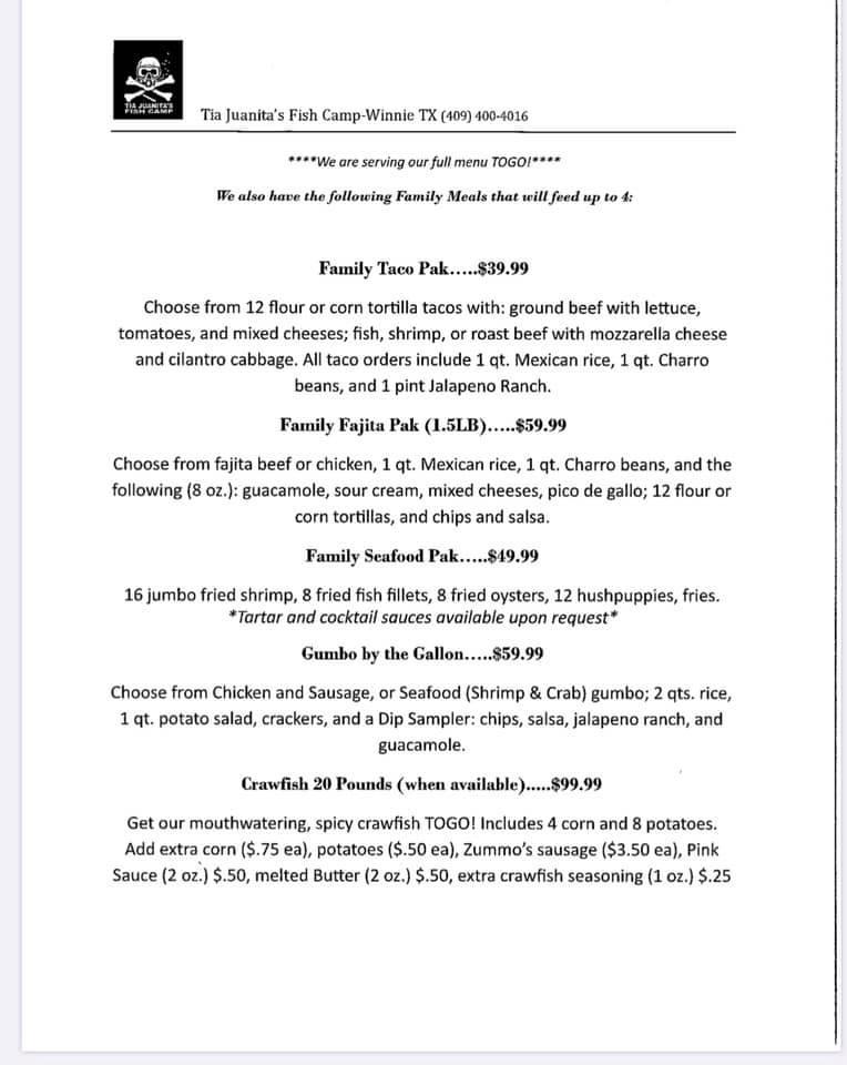 Menu at Tia Juanita's Fish Camp Winnie restaurant, Winnie