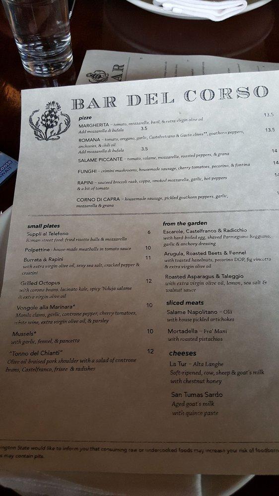 Menu at Bar del Corso, Seattle