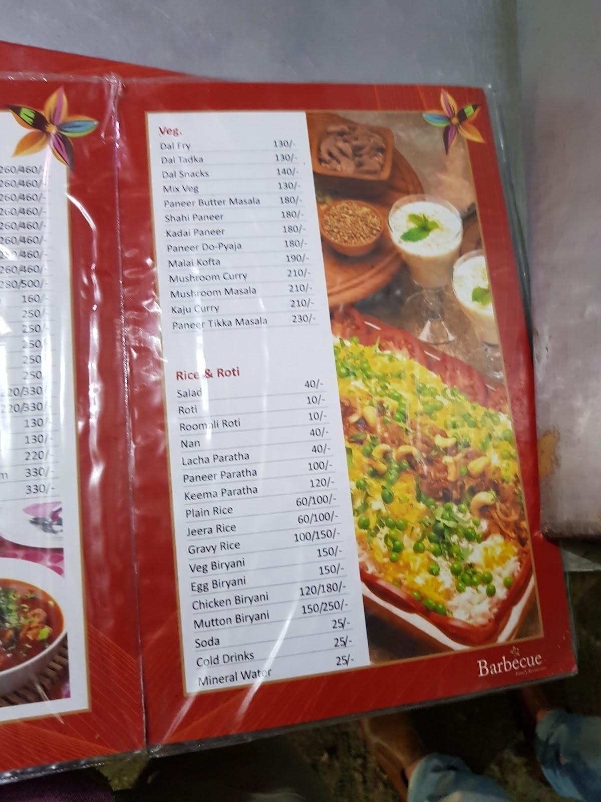 Menu at Barbeque, Jabalpur