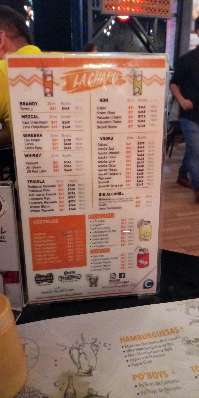 Menu at Cerveceria Chapultepec pub & bar, La Paz