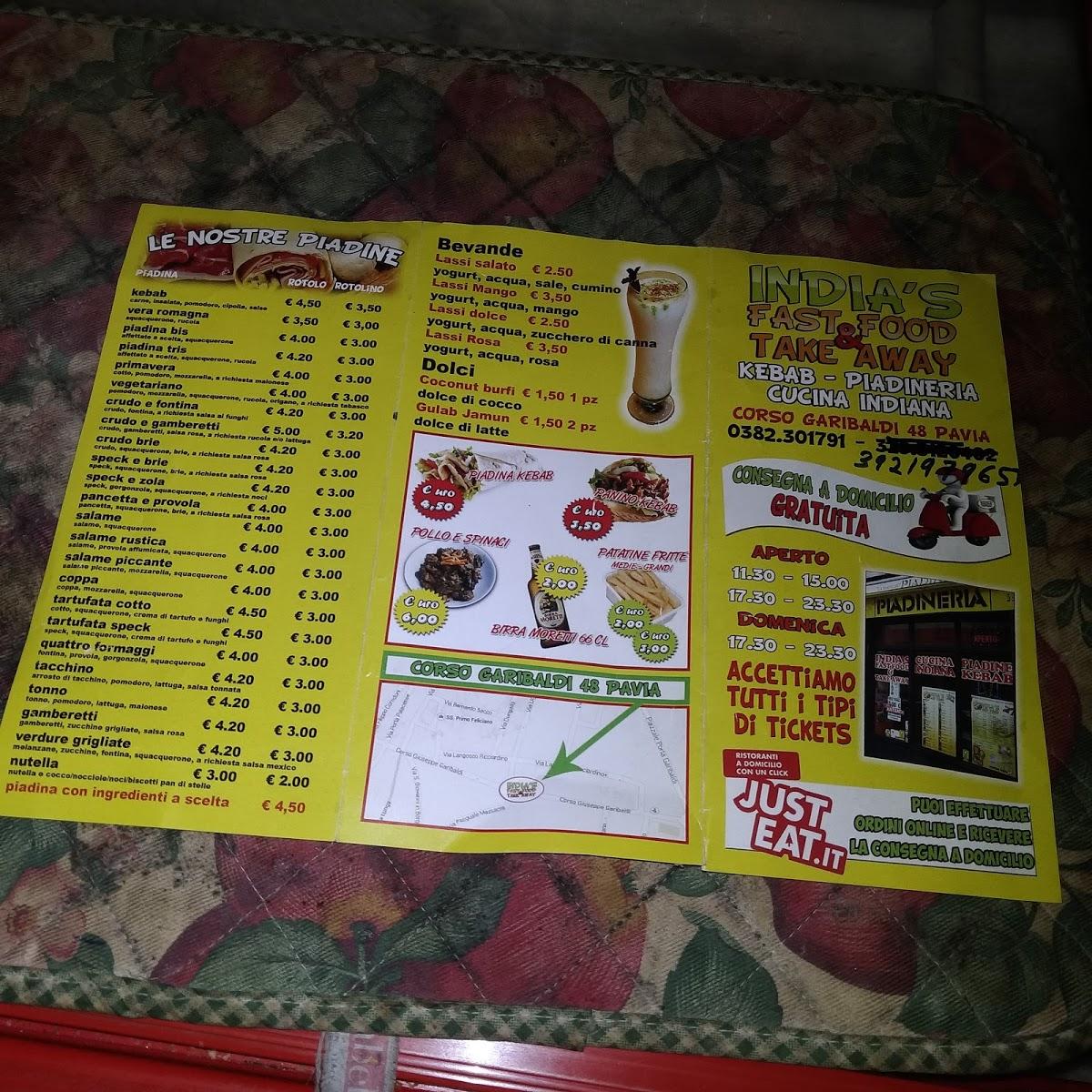 Menu at India's Fast Food & Take Away, Pavia
