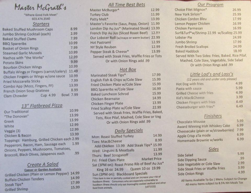 Menu at Master McGrath's pub & bar, Seabrook, 8 Batchelder Rd