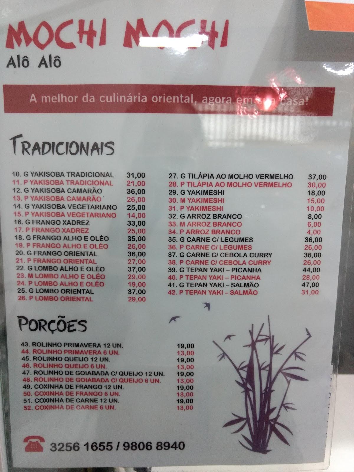 Menu at Mochi Mochi restaurant, Rolândia