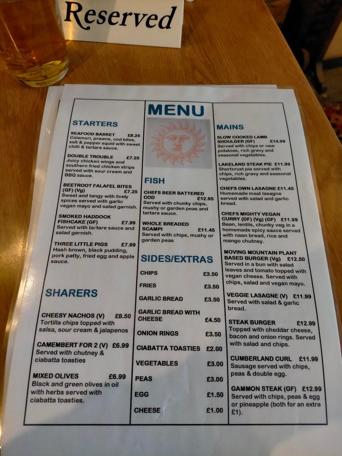 Menu at The Sun Inn pub & bar, Bassenthwaite, The Rake