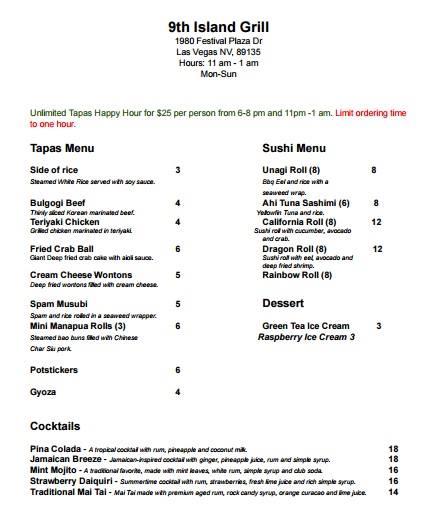 Menu at 9th Island Grill restaurant, Las Vegas, Festival Plaza Dr