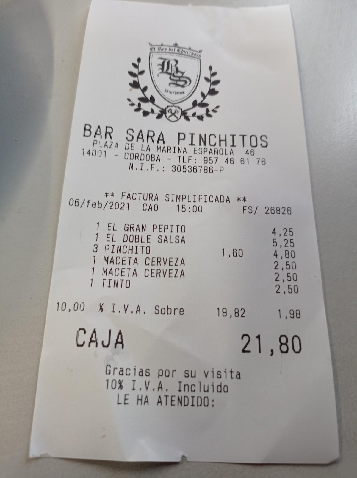 Carta de Bar Pinchitos Sara, Córdoba, plaza marina española