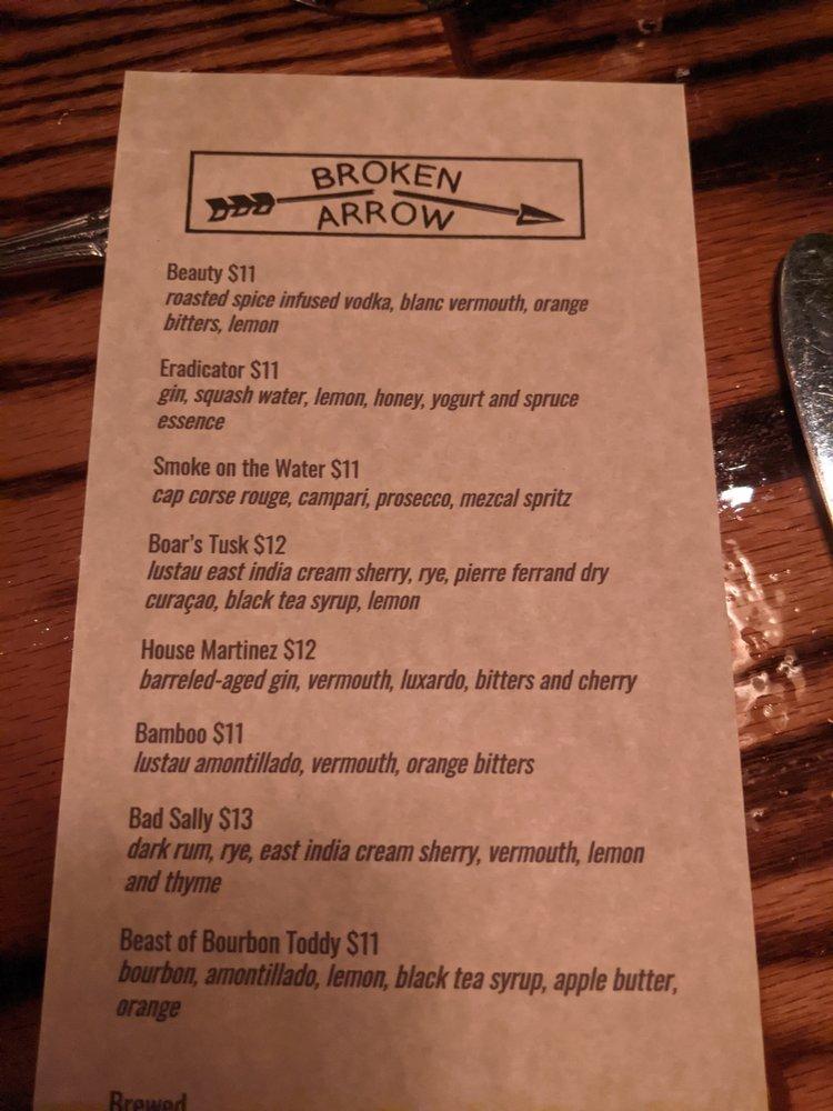 Menu at Broken Arrow restaurant, Portland