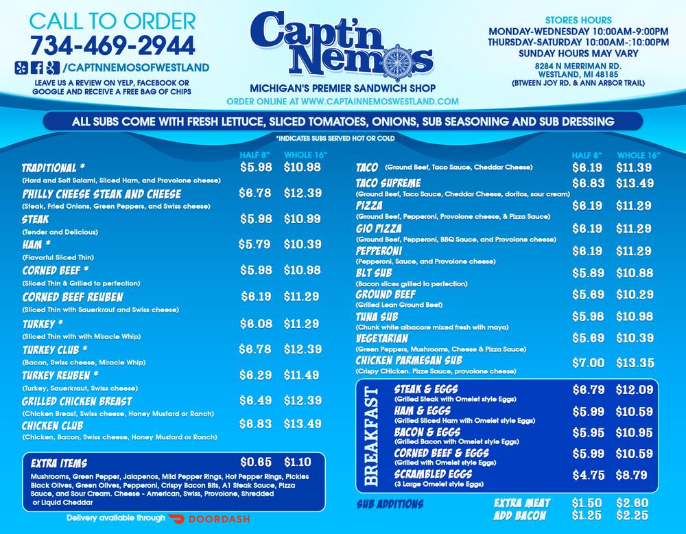 Menu at Capt'n Nemo's of Westland restaurant, Westland