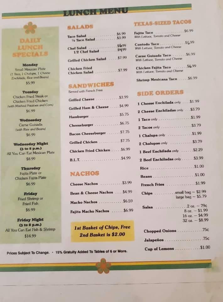 Menu at El Papa's restaurant, Port Isabel