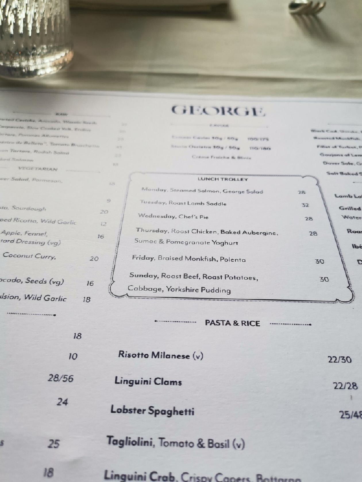 Menu at George club, London, 88-89 Mount St