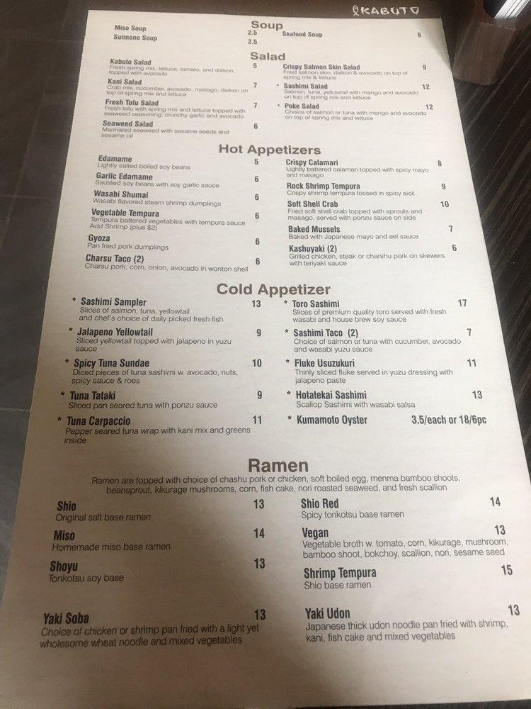 Menu at Kabuto Hibachi, Sushi & Udon restaurant, Rockville