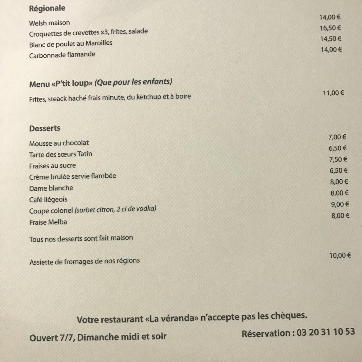 Menu at La Veranda restaurant, Lille