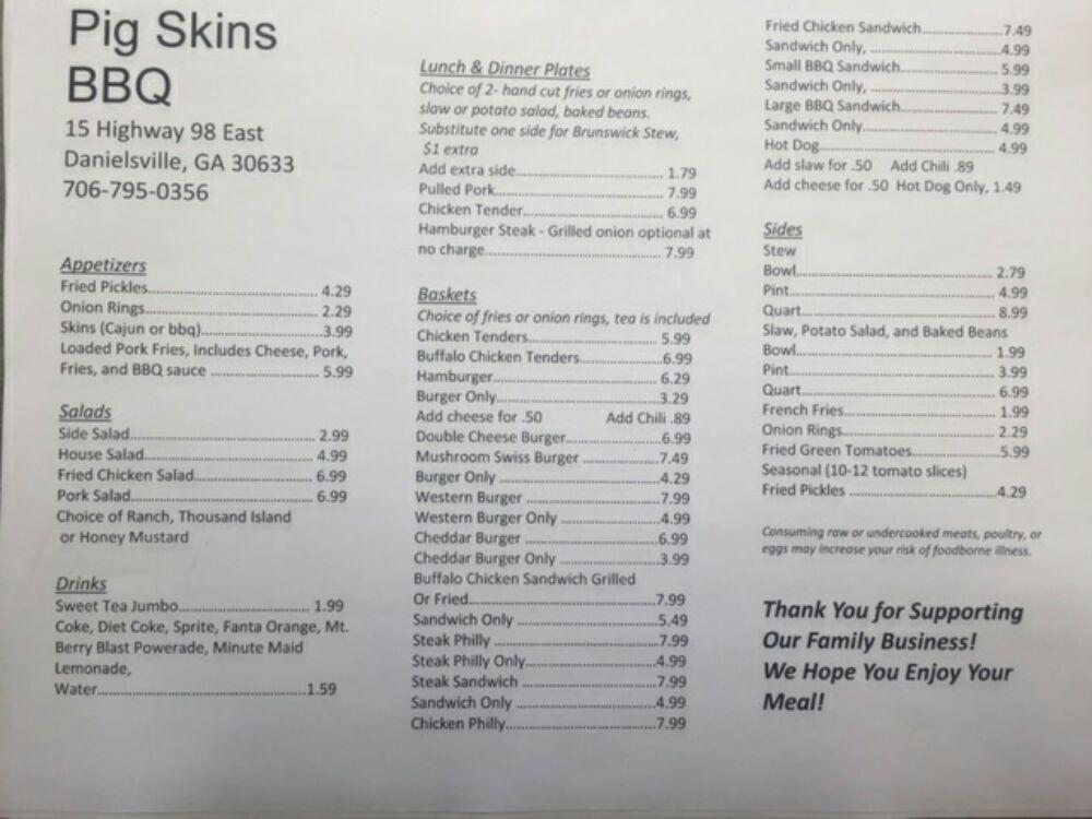 Menu at Pig Skins BBQ, Danielsville