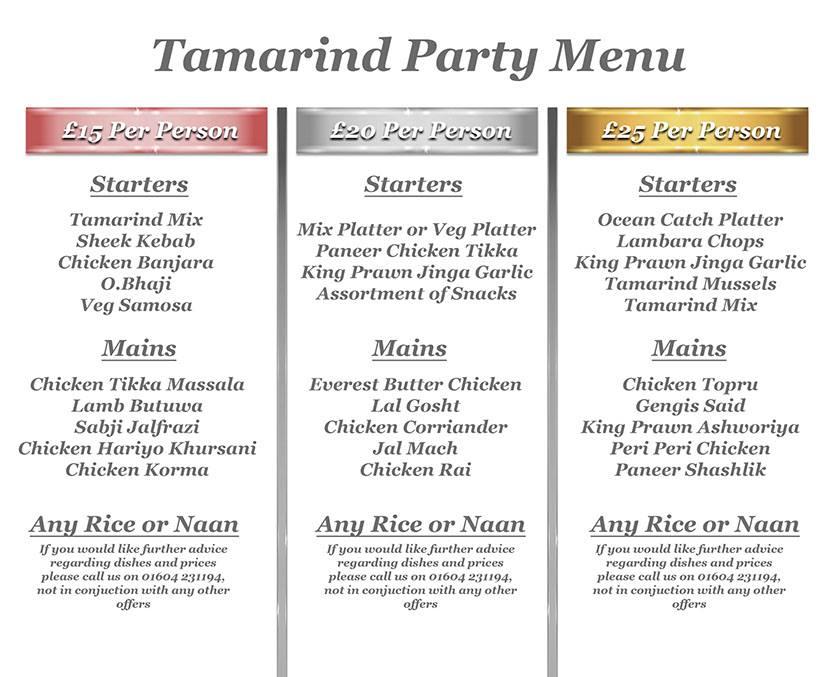 Menu at Tamarind Restaurant, Northampton