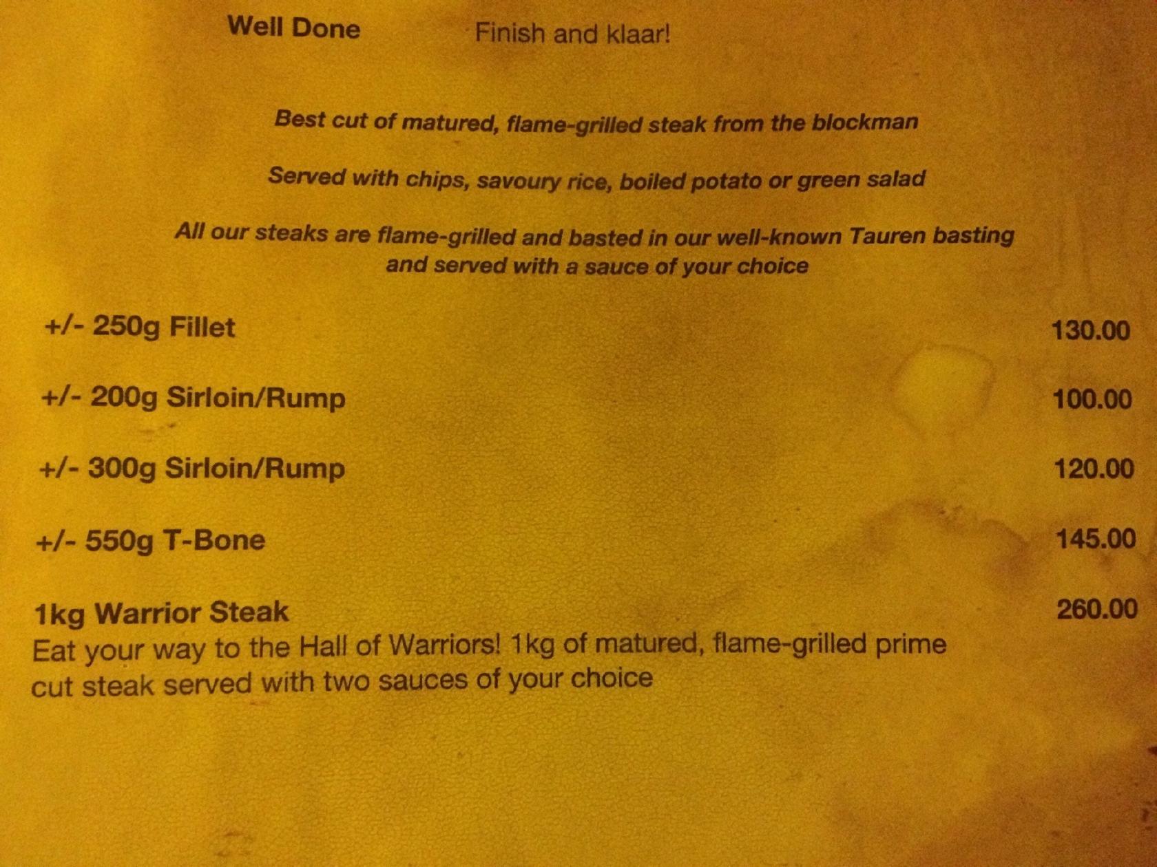 Menu at Tauren Steak Ranch Springbok steakhouse, Springbok