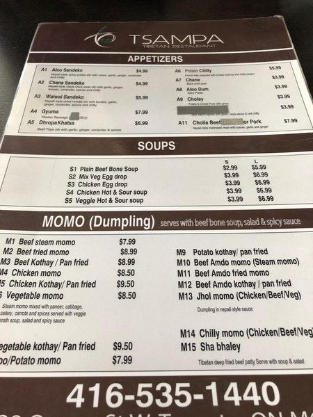 Menu at Tsampa Cafe, Toronto