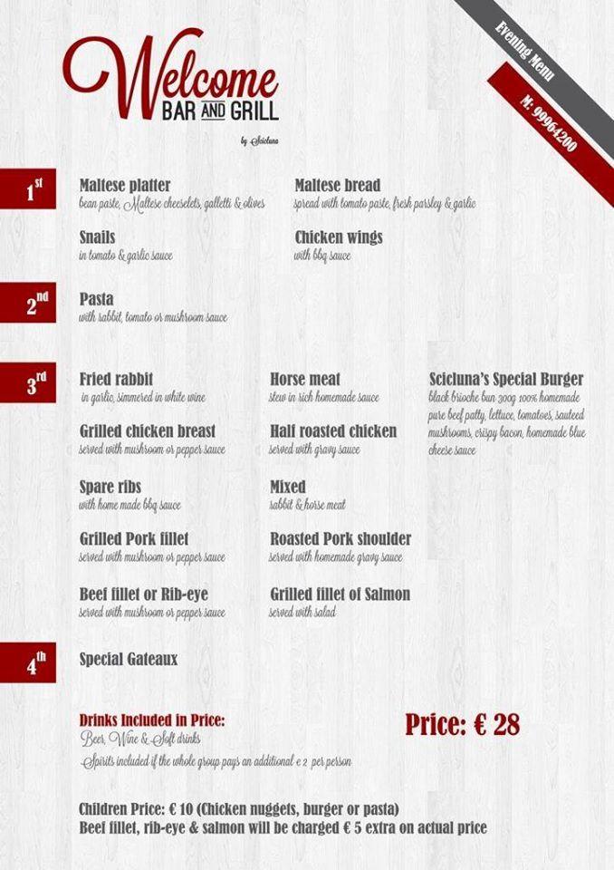 Menu at Welcome Bar & Grill, Luqa
