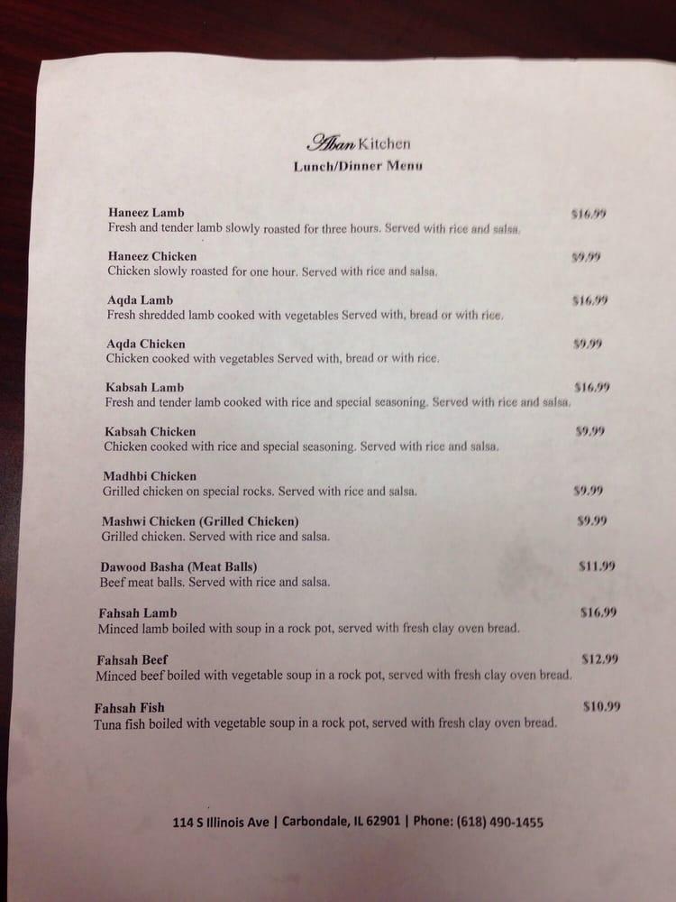 Menu at Aban Kitchen restaurant, Carbondale
