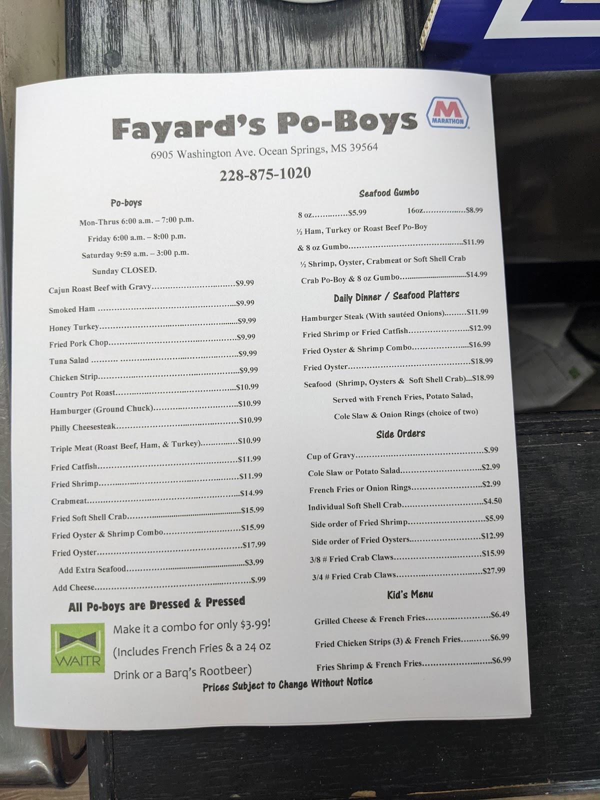 Menu at Fayard's restaurant, Saint Martin