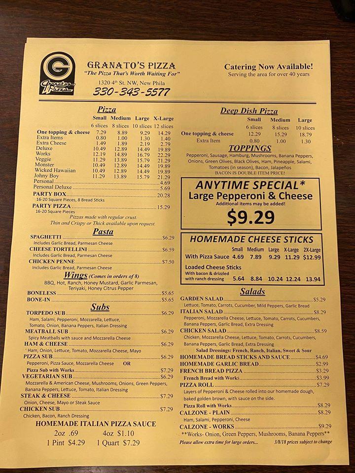 Menu at Granato's Pizza pizzeria, New Philadelphia