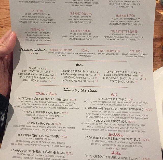 Menu at Kin Khao restaurant, San Francisco