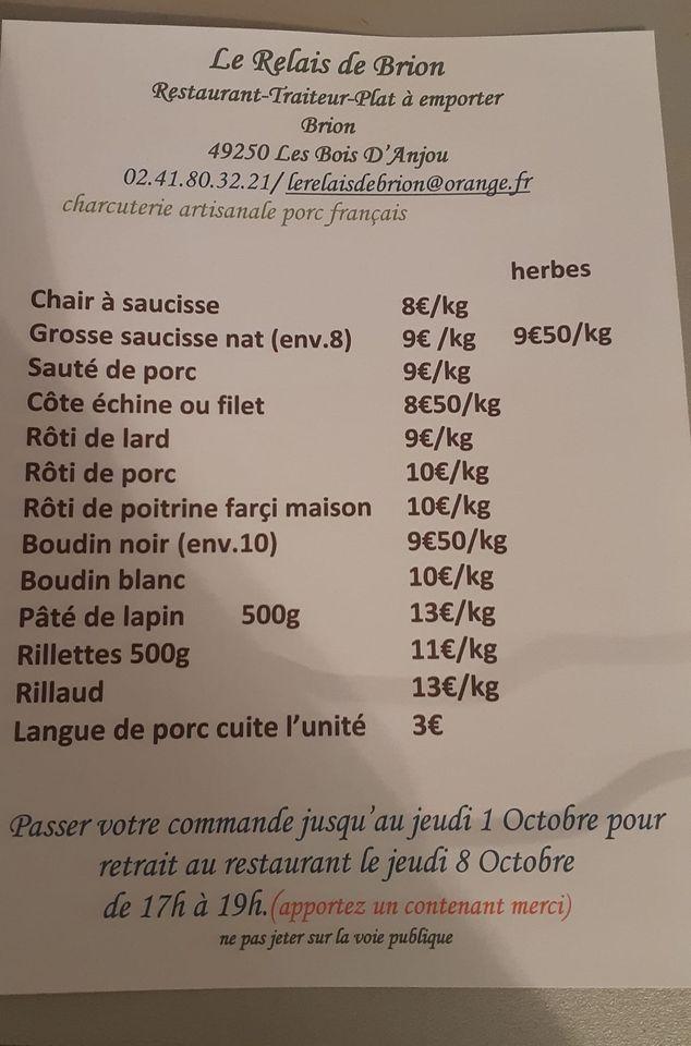 Menu au Le Relais de Brion restaurant, Brion, Lieu Dit les Contrevents ...