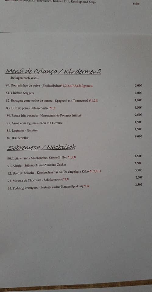 Menu at Pimenta restaurant, Coppenbrügge