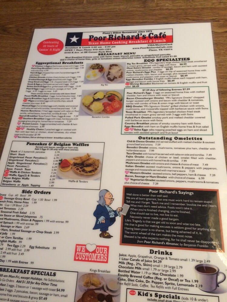 Menu at Poor Richard's Cafe, Plano