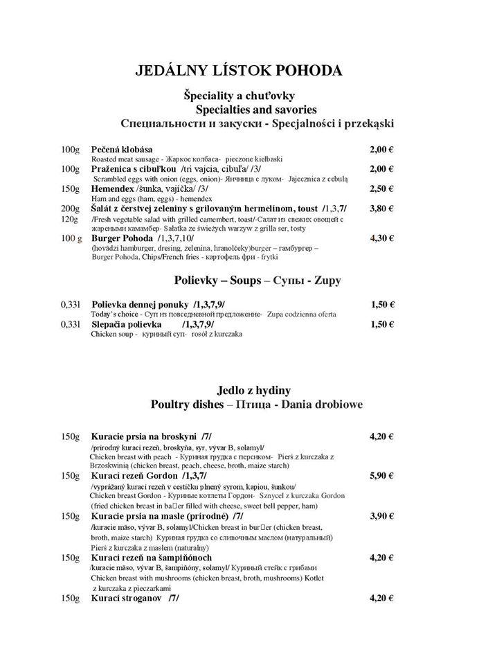 Menu at Restauracia Pod Hradom restaurant, Lada, Lada 195