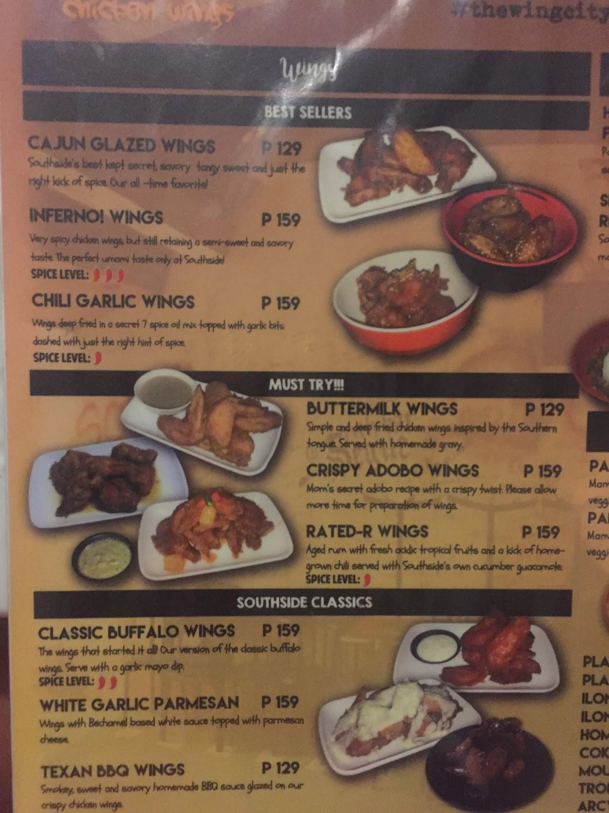 Menu at Southside Chicken Wings restaurant, Cebu City, San Antonio Village