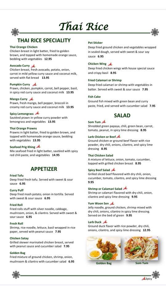 Menu at Thai Rice Restaurant, Cameron Park