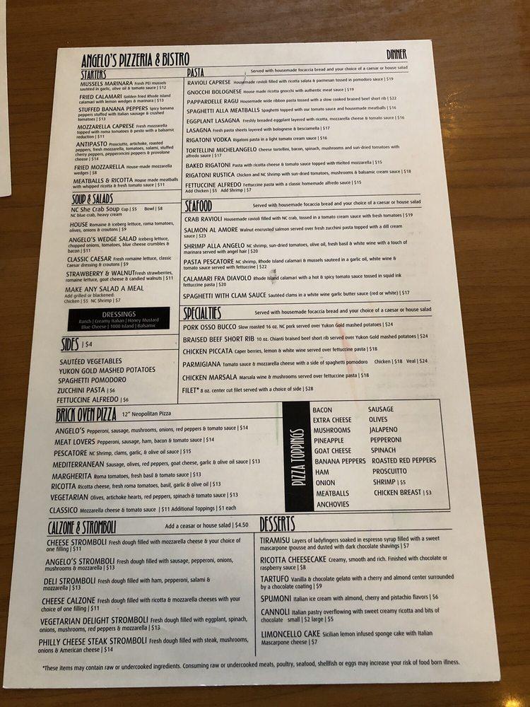 Menu at Angelo's Pizzeria & Bistro, Shallotte