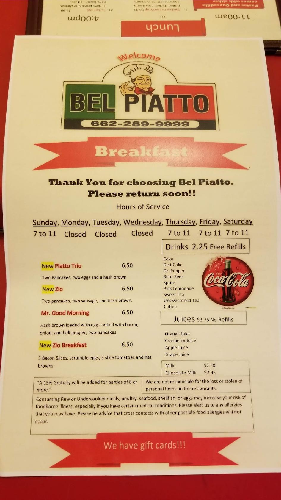 Menu at Bel Piatto restaurant, Kosciusko, Veterans Memorial Dr