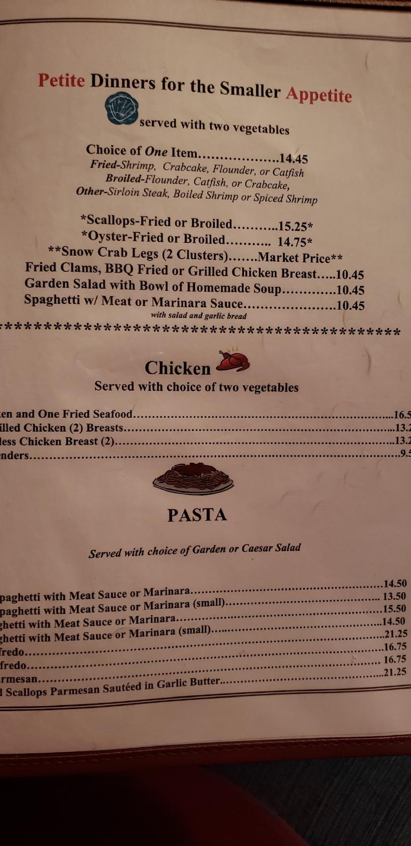 Menu at Calabash Seafood restaurant, Mechanicsville