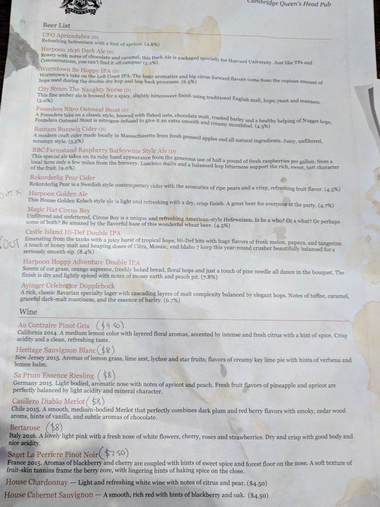 Menu at Cambridge Queen's Head pub & bar, Cambridge