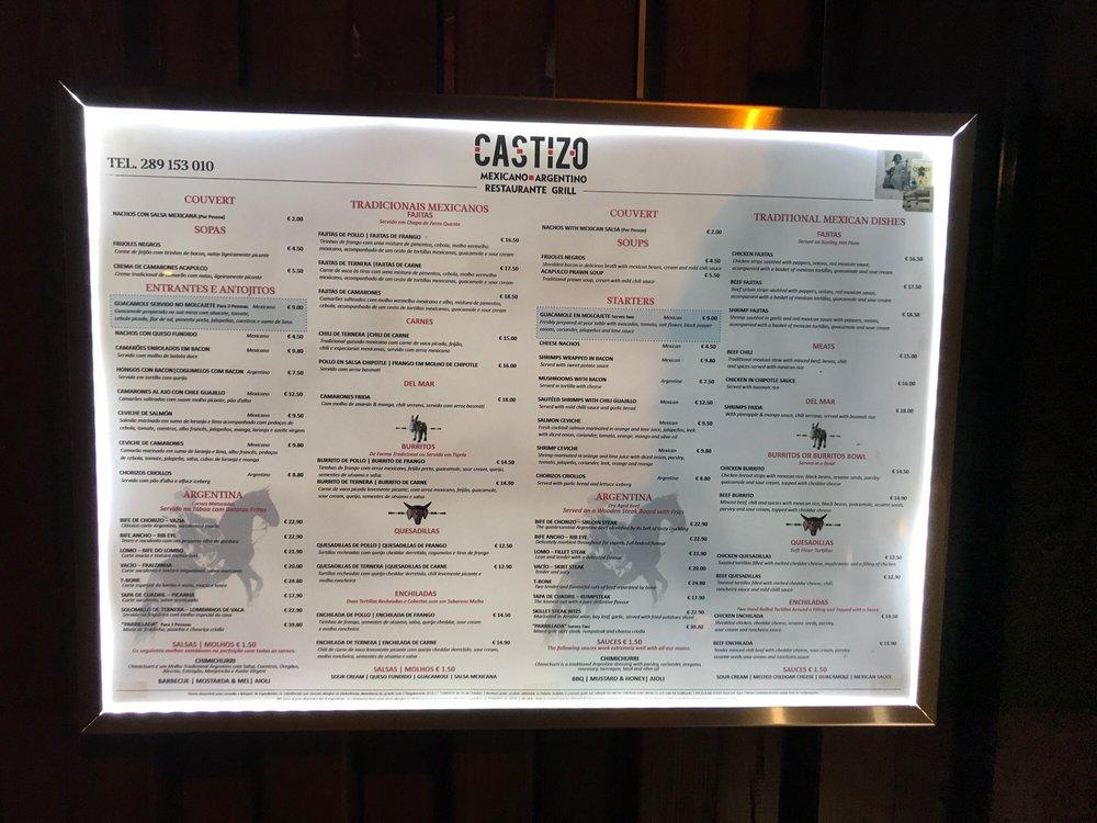 Menu at Castizo steakhouse, Quarteira