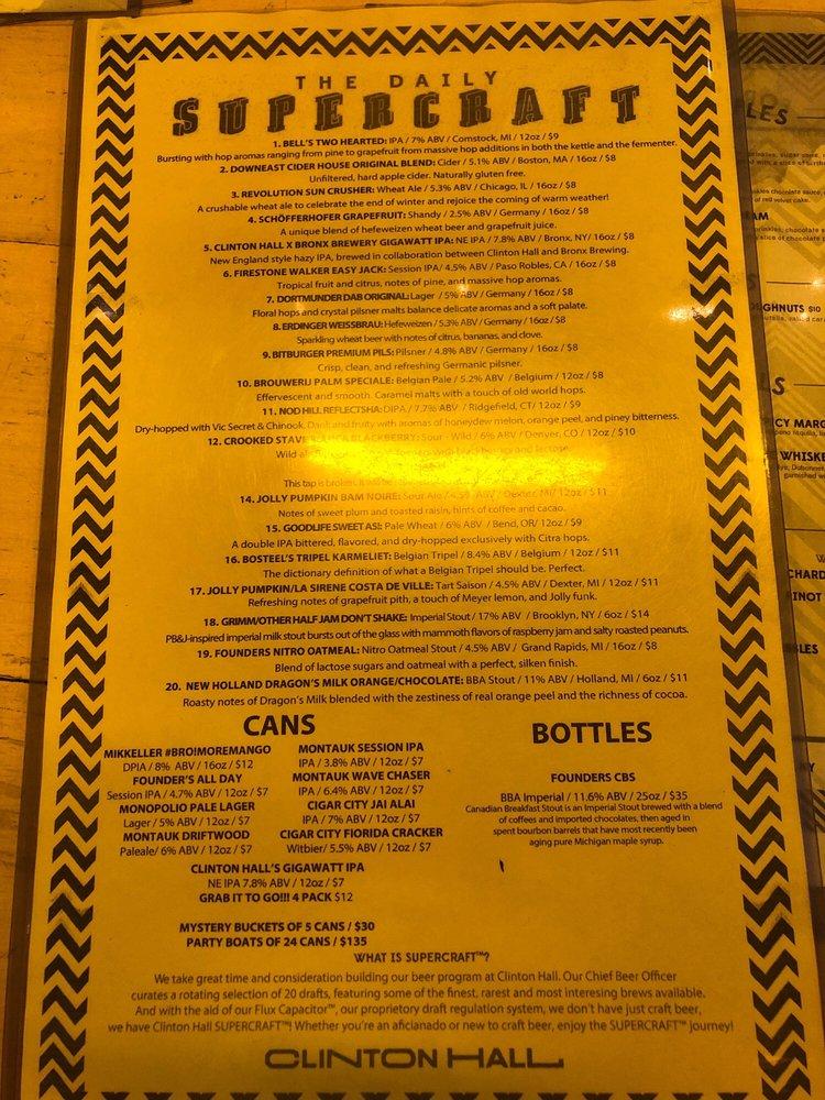 Menu at Clinton Hall pub & bar, New York City, 90 Washington St