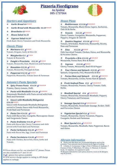 Menu at Fiordigrano Pizza pizzeria, Spiddal