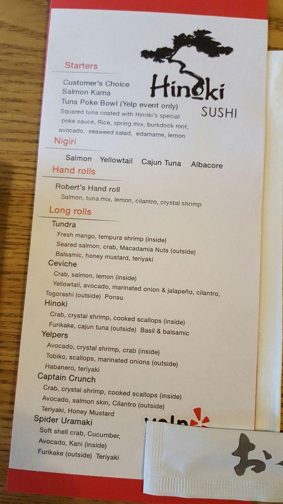 Menu at Hinoki Sushi restaurant, Reno