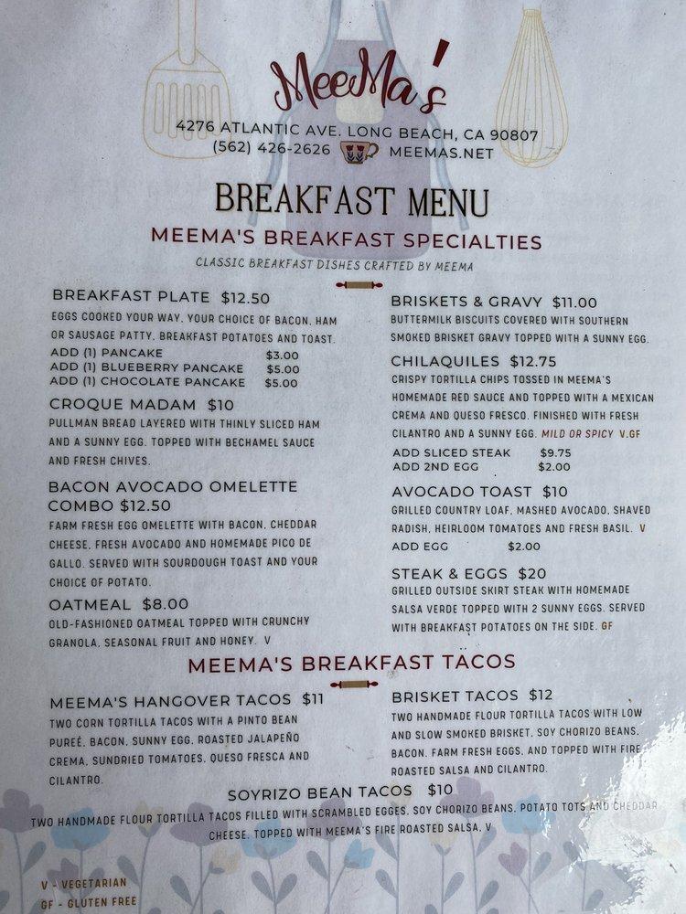 Menu at MeeMa's pub & bar, Long Beach