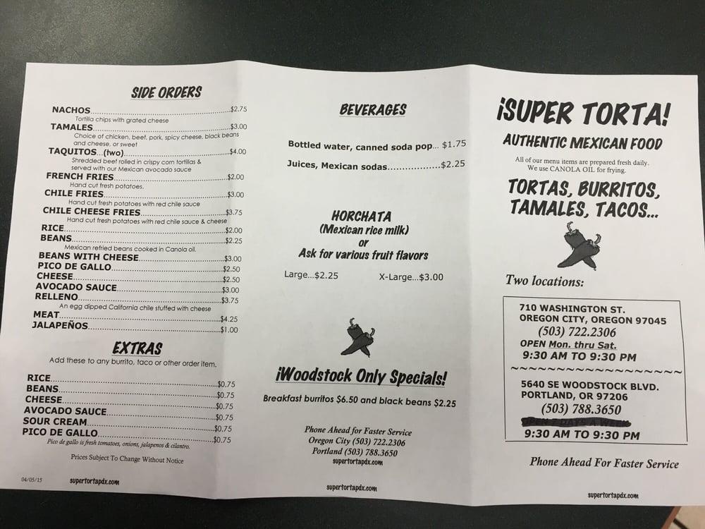 Menu at Super Torta restaurant, Oregon City
