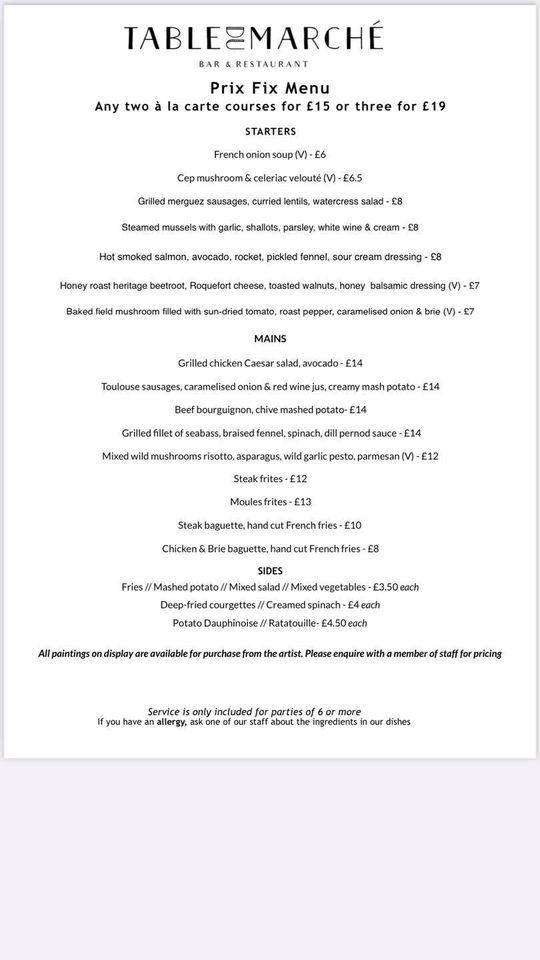 Menu at Table Du Marche restaurant, London