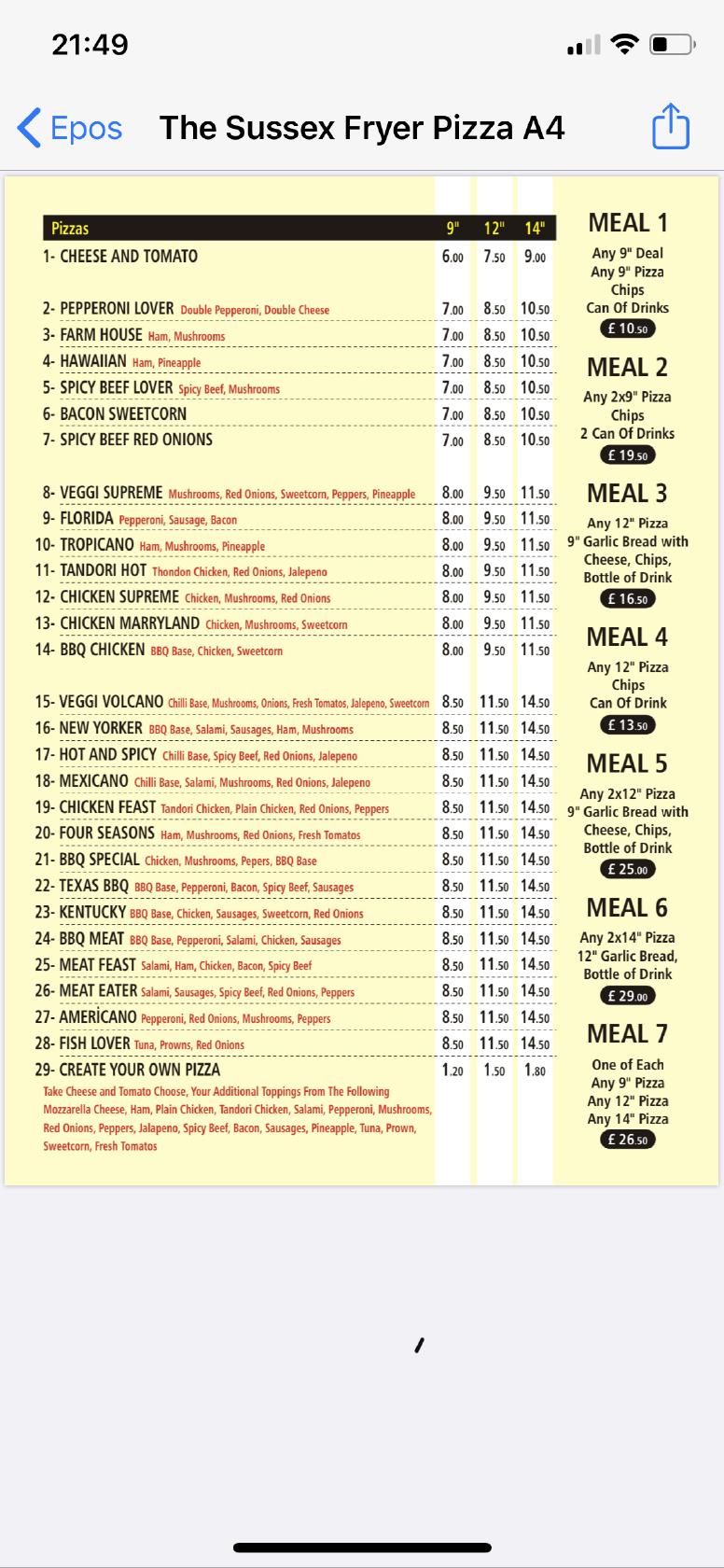 Menu at Sussex Fryer fast food, Bognor Regis