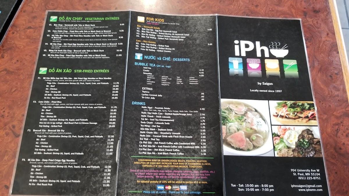 Menu at iPho by Saigon restaurant, Saint Paul
