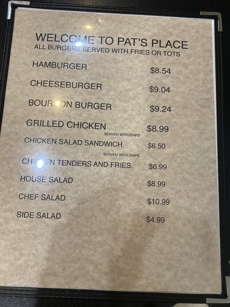 Menu at Pat's Place restaurant, Bardstown