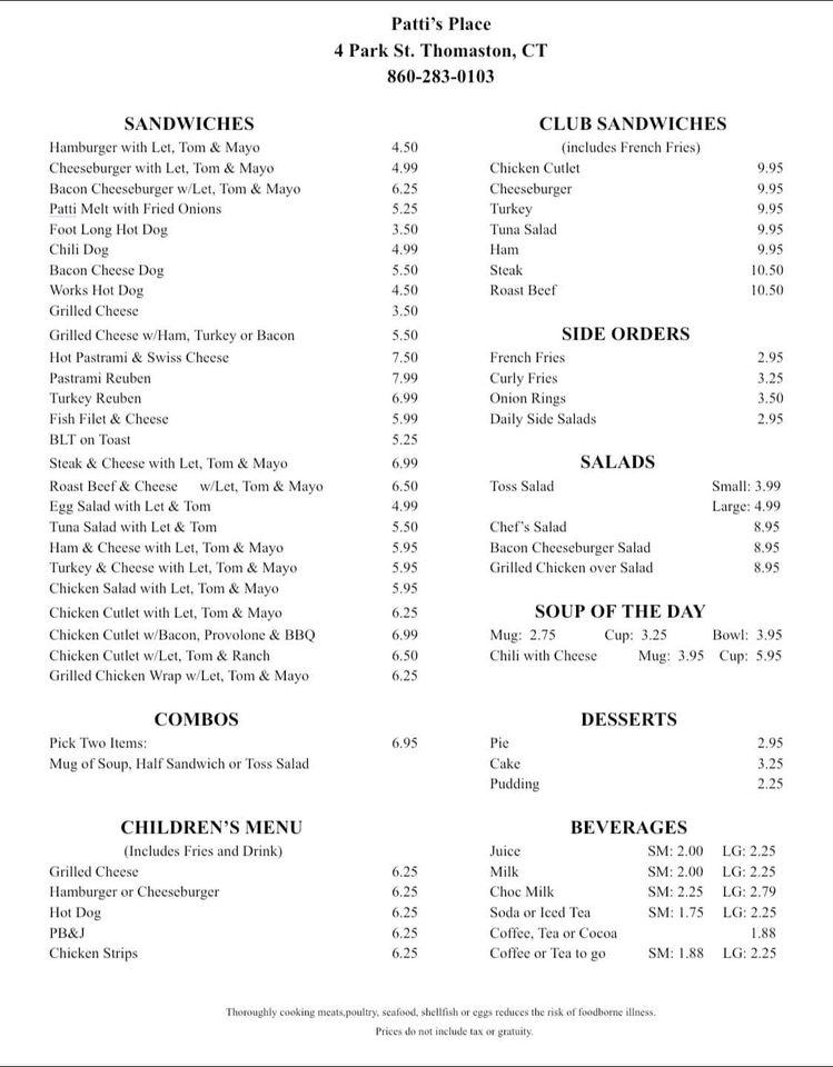 Menu at Patti's Place restaurant, Thomaston