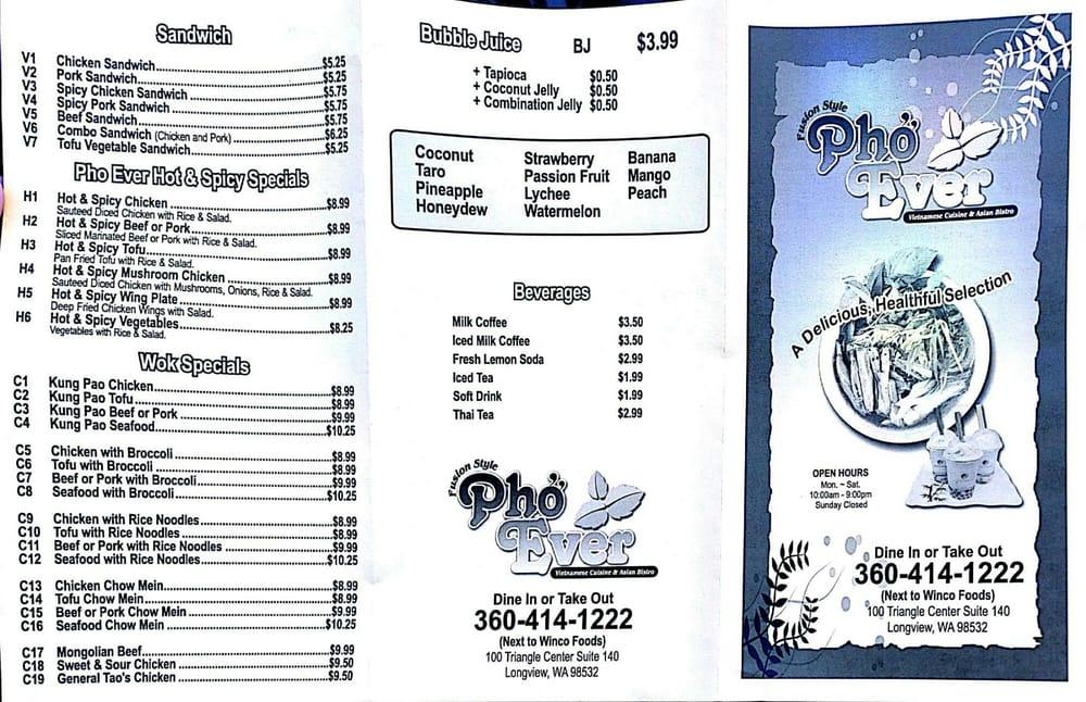 Menu at Pho Ever Vietnamese Cuisine restaurant, Longview